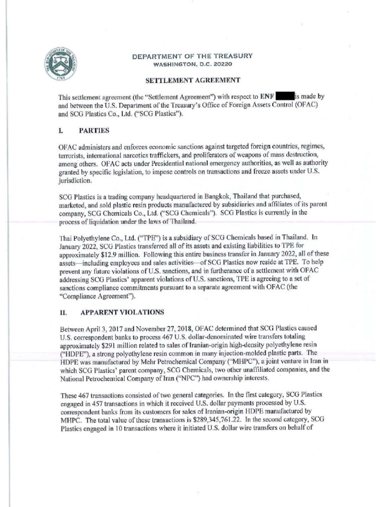 Scgplastics Settlement | Download Free PDF | Office Of Foreign Assets Control