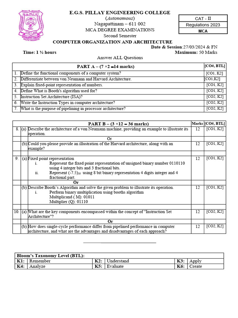 COA Question Paper CAT 1 | PDF | Multiplication | Computer Science