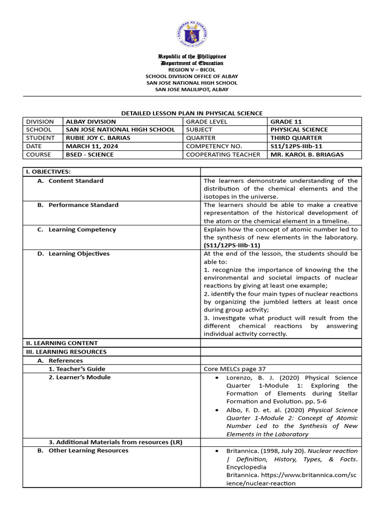 LESSON PLAN - 3 - Nuclear Reaction (Physical Science) | PDF ...
