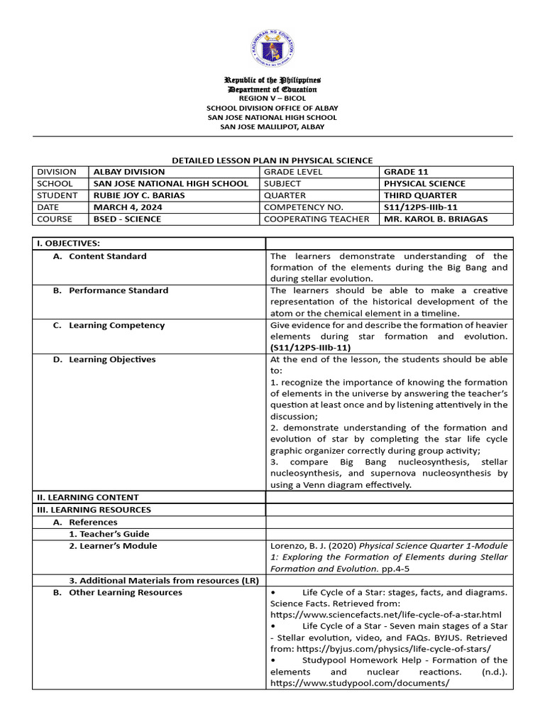 LESSON PLAN 1 Formation Of Elements Day 1 Revised Physical