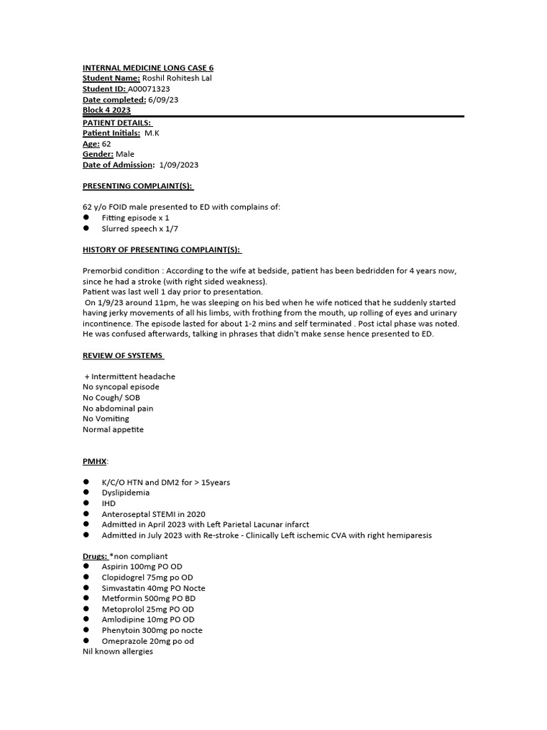 Internal Medicine Case: Stroke & Seizure | PDF | Diseases And Disorders ...