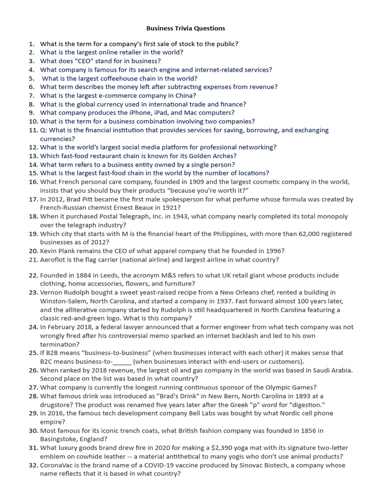 Business Trivia Questions | PDF | Business