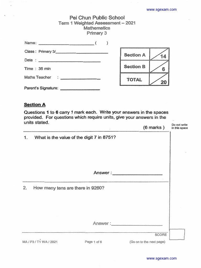 2021-P3-Maths-Weighted Assessment 1-PeiChun | PDF