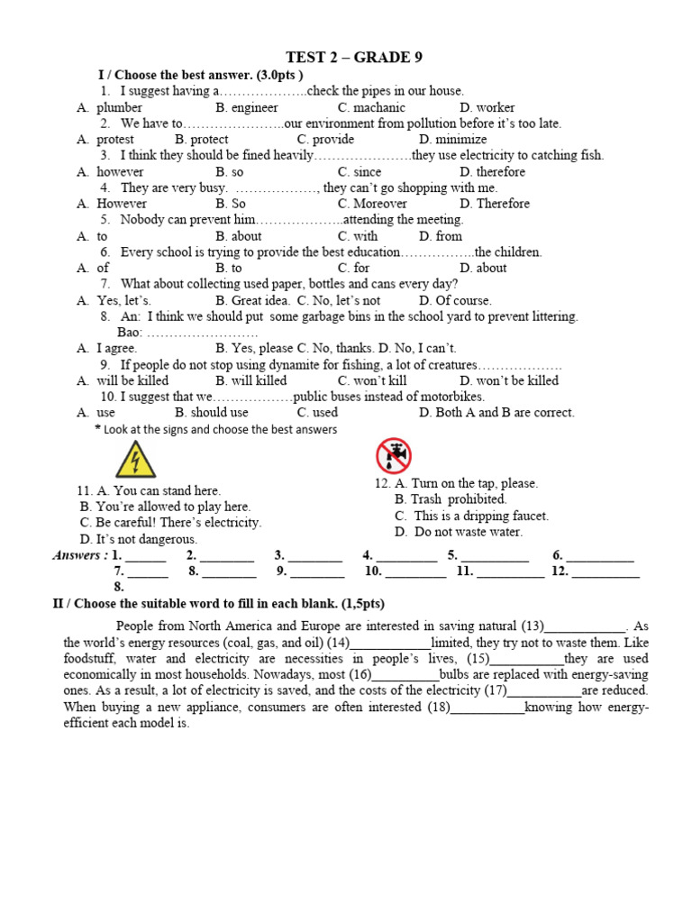 Test 2 - Grade 9: I / Choose The Best Answer. (3.0pts) | PDF | Energy ...