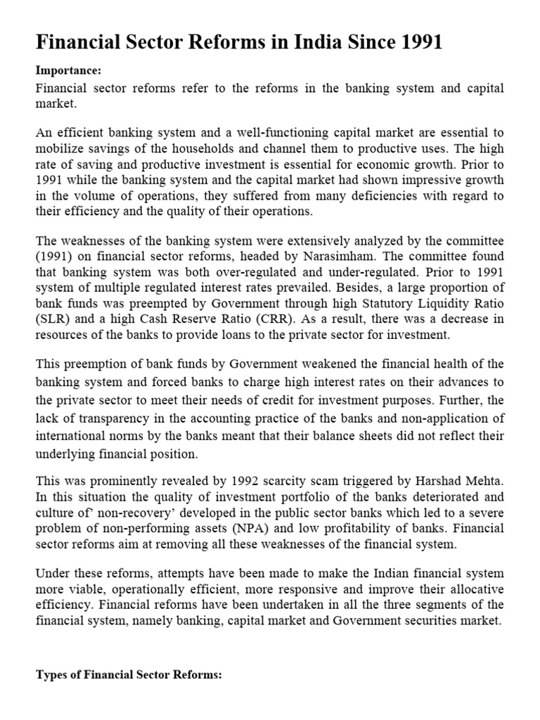 Financial Sector Reforms in India Since 1991: Importance | PDF ...