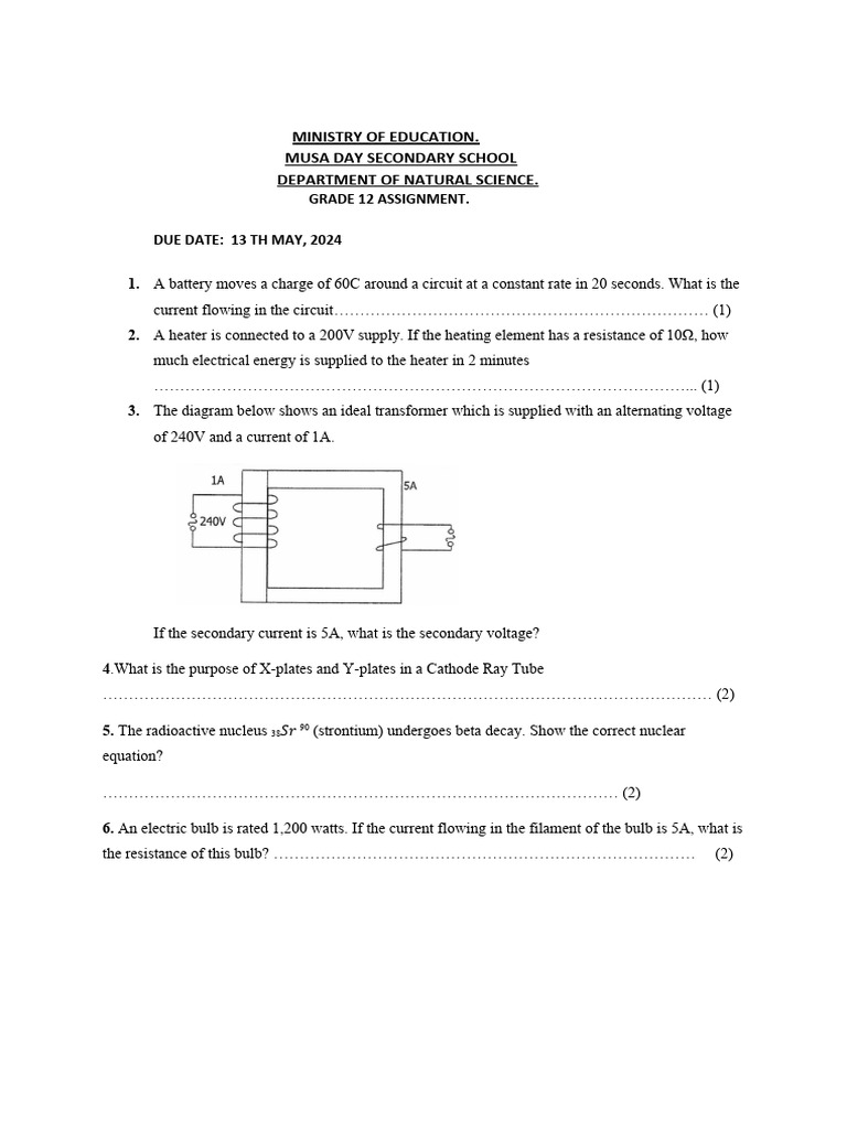 GRADE 12 ASSIGNMENT | PDF | Radioactive Decay | Physical Sciences