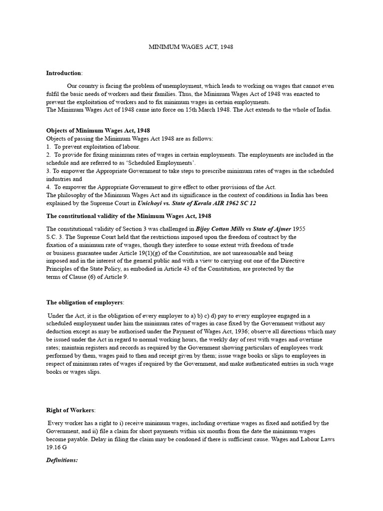 Minimum Wages Act - 1948 - Brief Notes | PDF | Cost Of Living | Employment