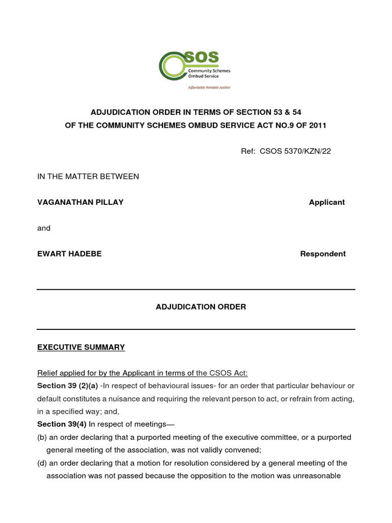 Adjudication Order 5370KZN22 Final | PDF | Nuisance | Judgment (Law)