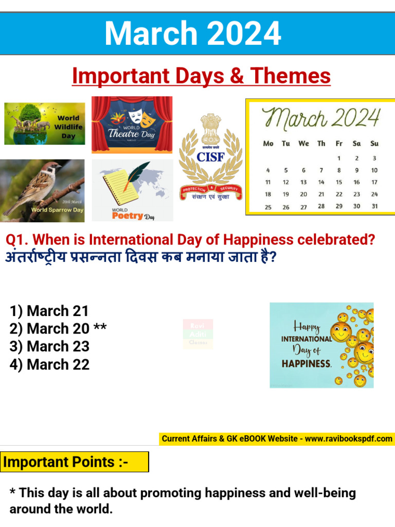 March 2024 Important Days Quiz | PDF
