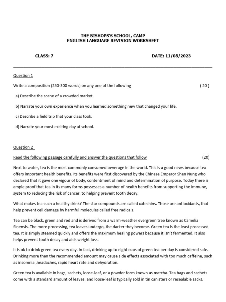 11082023070406language Worksheet Grade 7 | PDF | Tea | Green Tea