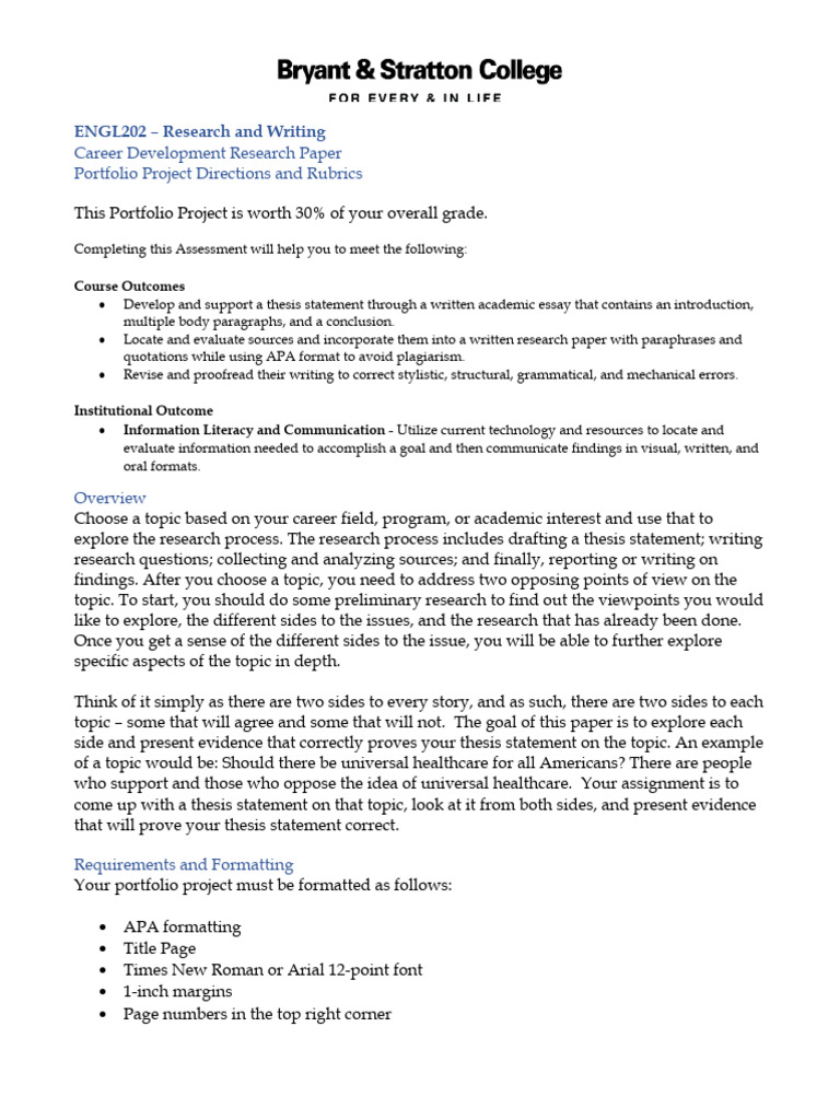 ENGL202 - Portfolio Project Directions and Rubric | PDF | Rubric ...