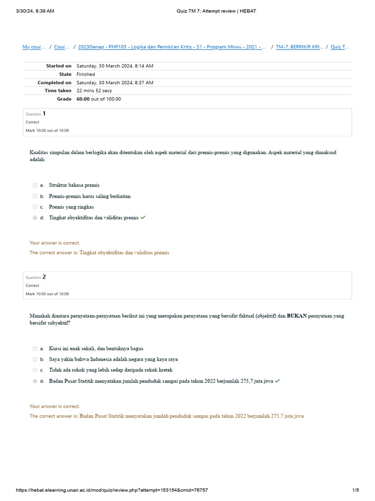 Quiz TM 7 - Attempt Review - HEBAT | PDF