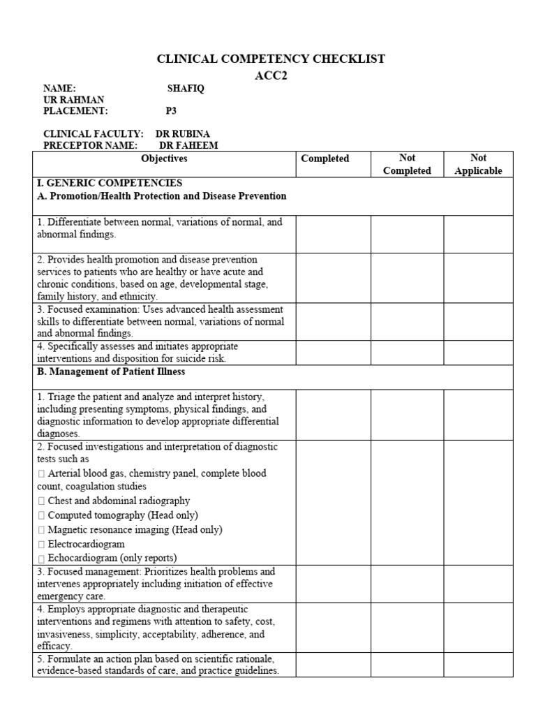 Clinical Competency Assessment Checklist | PDF | Caregiver | Clinical ...