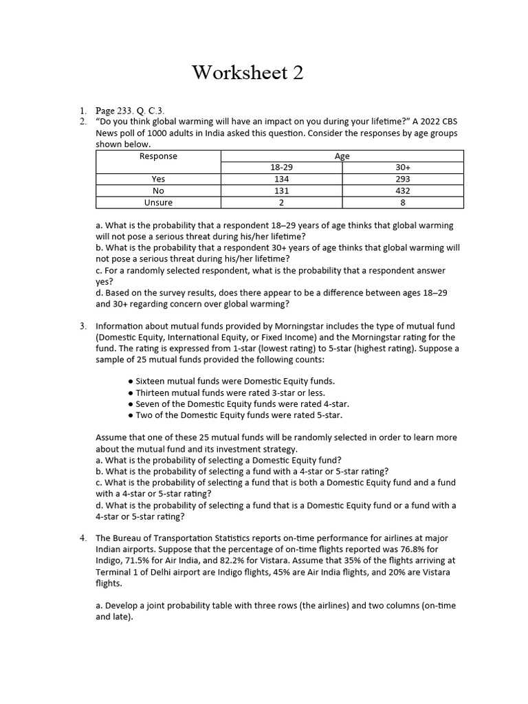 Worksheet - Probability, RV and Prob Distributions | PDF | Standard ...