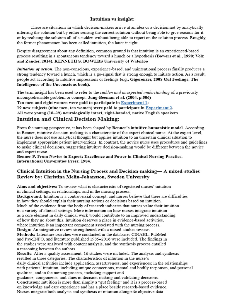 Intuition vs insight | PDF | Nursing | Decision Making