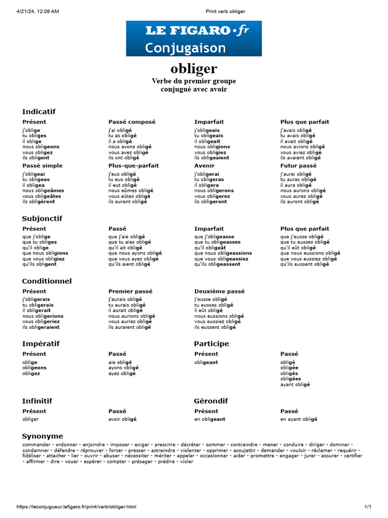 Conjugaison du verbe "obliger" | PDF | Aspect accompli/inaccompli ...