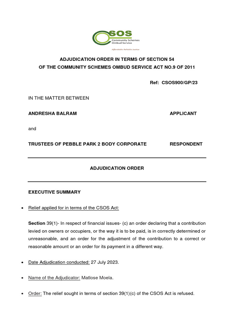 Andresha Balram and Pebble Park 2 Trustees 27 July 2023 | PDF | Adjudication | Burden Of Proof (Law)