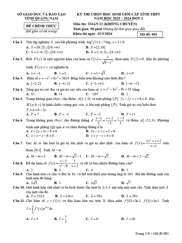 De Hoc Sinh Gioi Cap Tinh Toan 12 Dot 2 Nam 2023 2024 So GDDT Quang Nam | PDF
