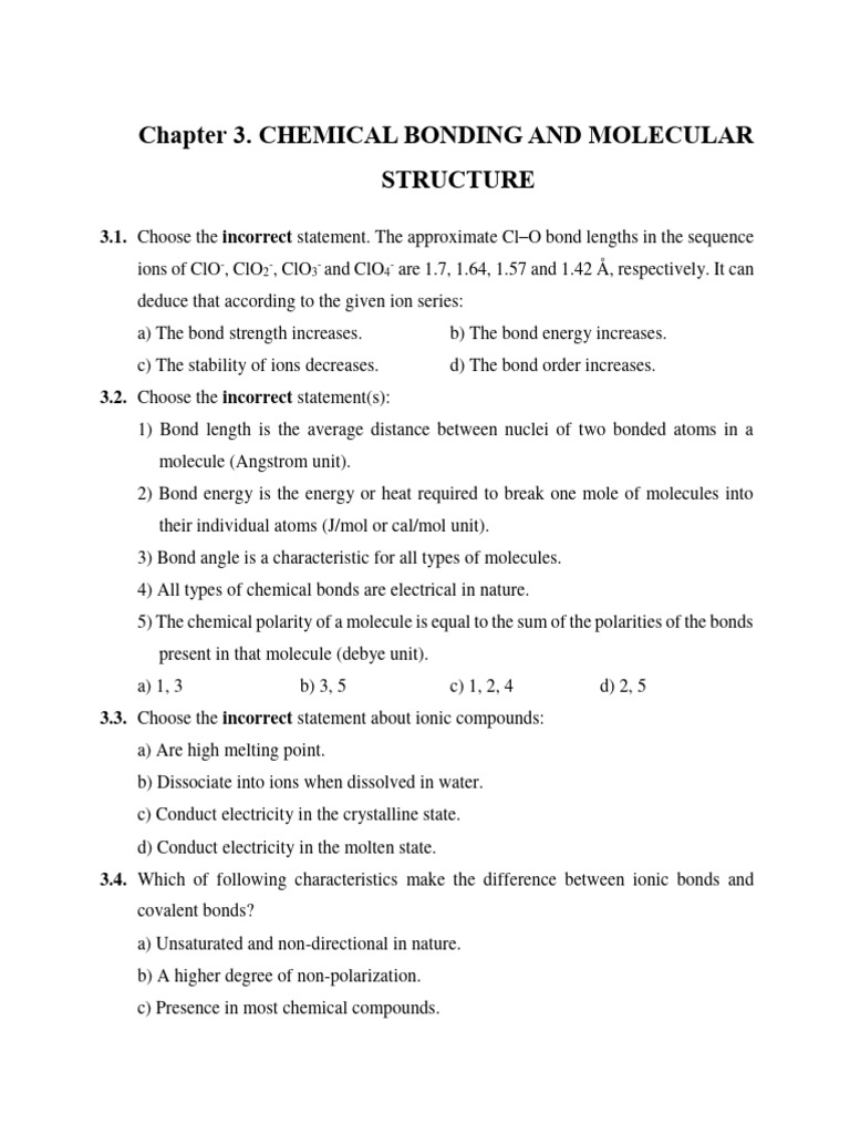 Chapter 3 - Chemical Bonding - Exercises | Download Free PDF | Chemical ...