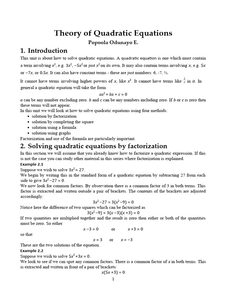 Quadratic Equations: Theory and Methods | PDF | Quadratic Equation ...