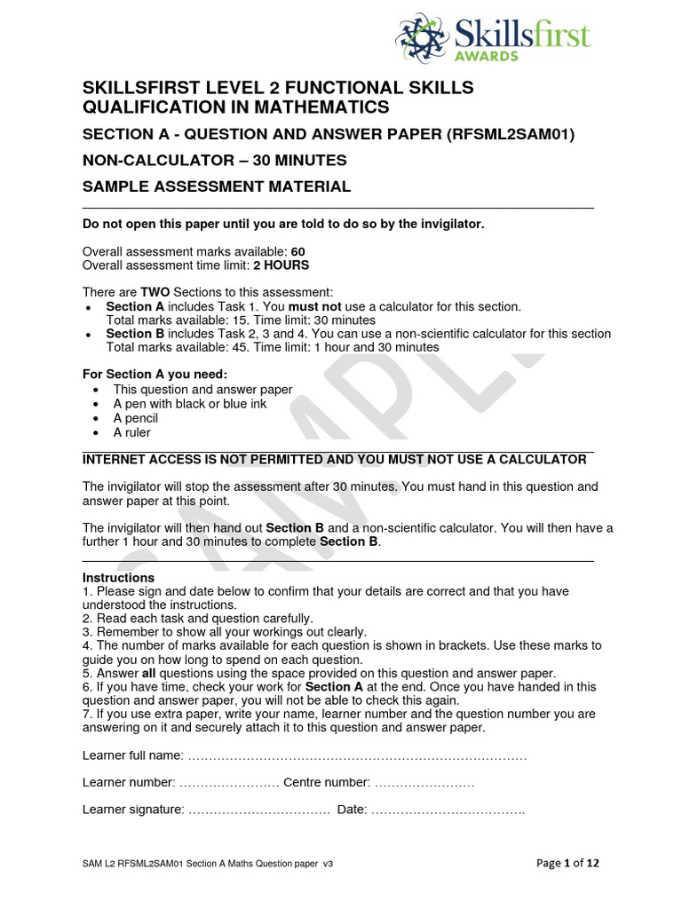 SAM L2 RFSML2SAM01 Section A Maths Question Paper v3 | PDF | Science ...