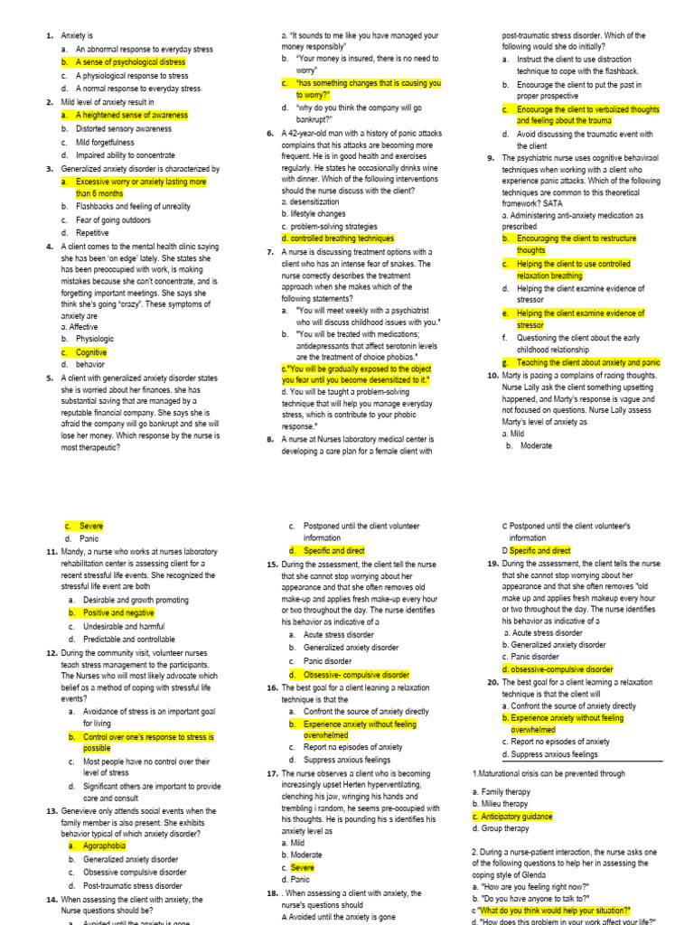 NR 601 Week 3 Quiz: Anxiety Disorders | PDF | Anxiety Disorder | Phobia