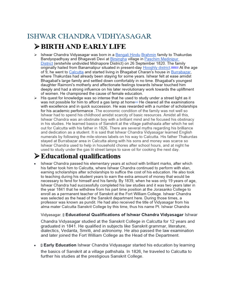 Ishwar Chandra Vidhyasagar | PDF | Social Science | Religion & Spirituality