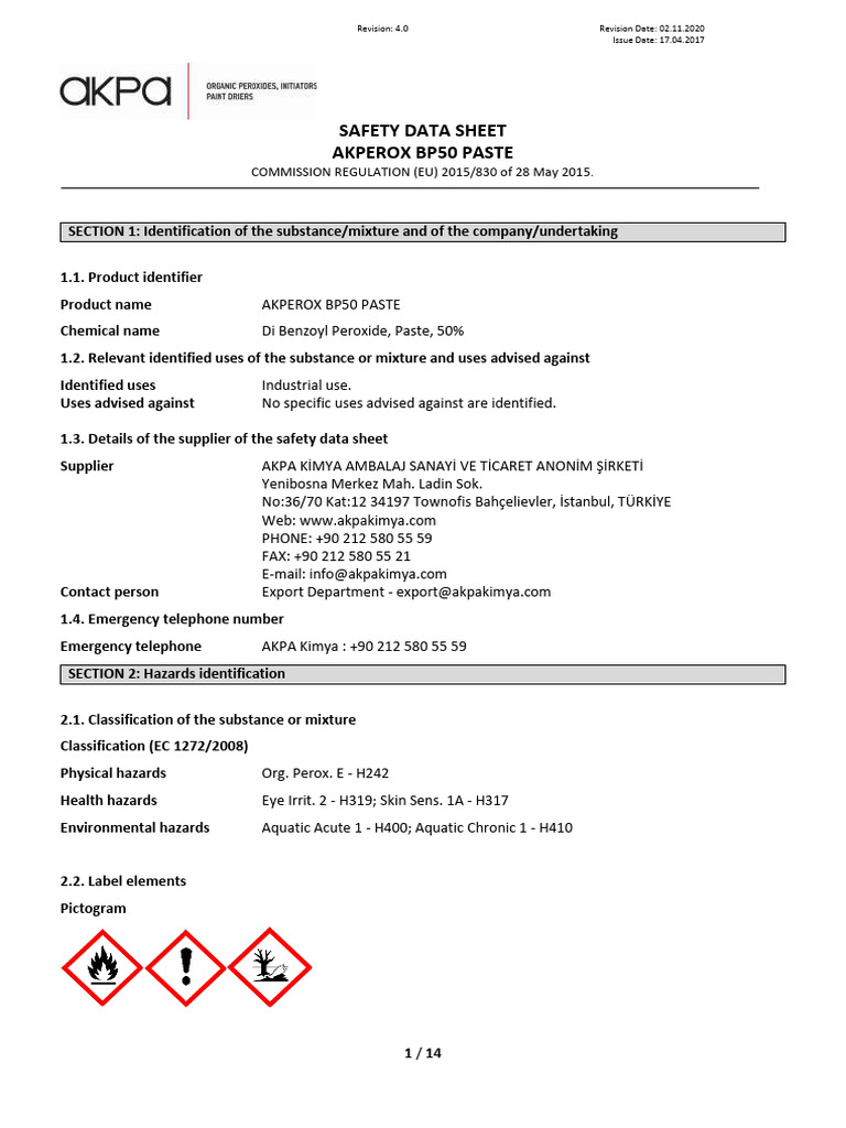 AKPEROX BP50 Paste Safety Data Sheet | PDF | Personal Protective ...