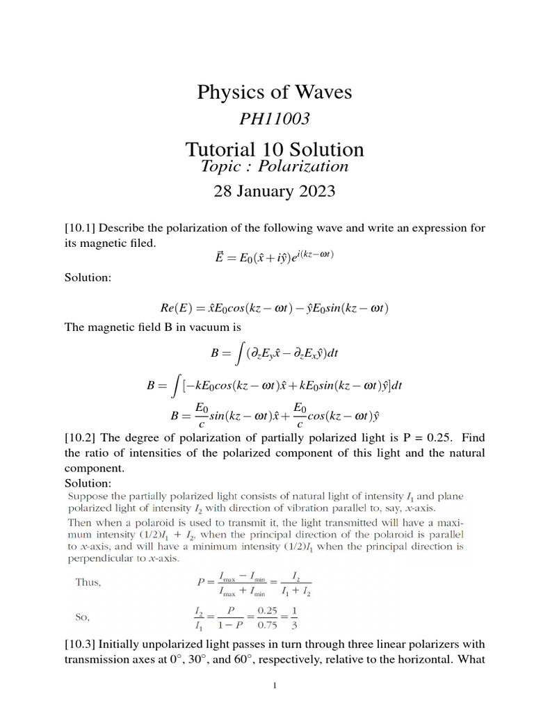 POW Tut 10 Polarization Soln | PDF | Polarization (Waves) | Light