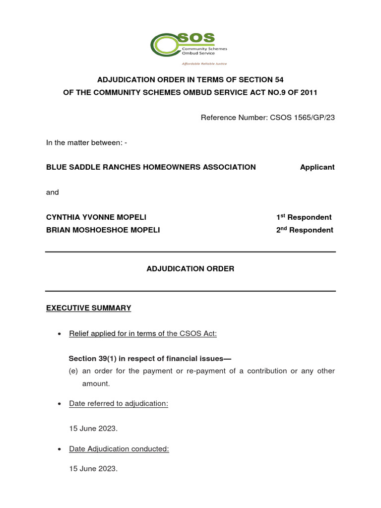 Blue Saddle Ranches Homeowners Association and Cynthia Yvonne Mopeli ...