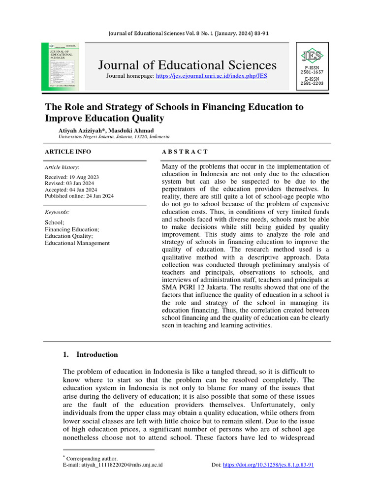 The Role and Strategy of Schools in Financing Education To Improve Education Quality | PDF ...