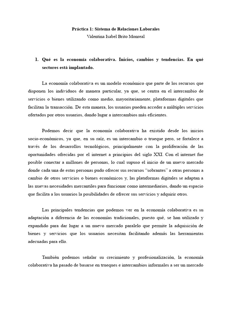 Práctica 1 Sistema de Relaciones Laborales. | PDF | Economía compartida | Derecho laboral
