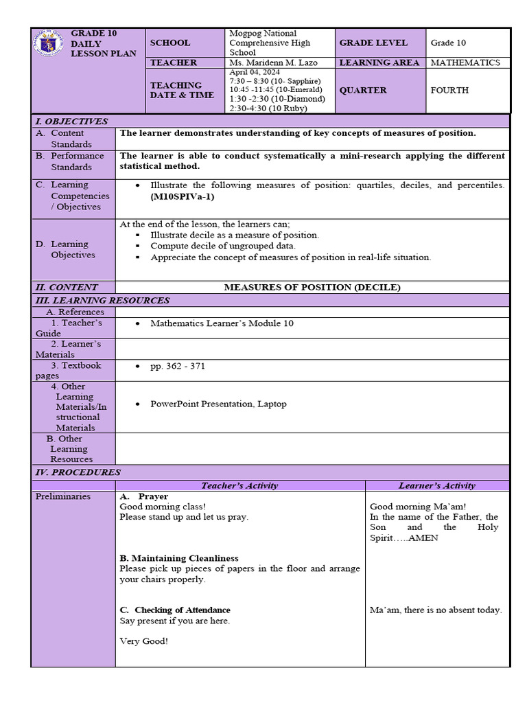 Measures of Position (PERCENTILE) | PDF | Learning | Multiplication