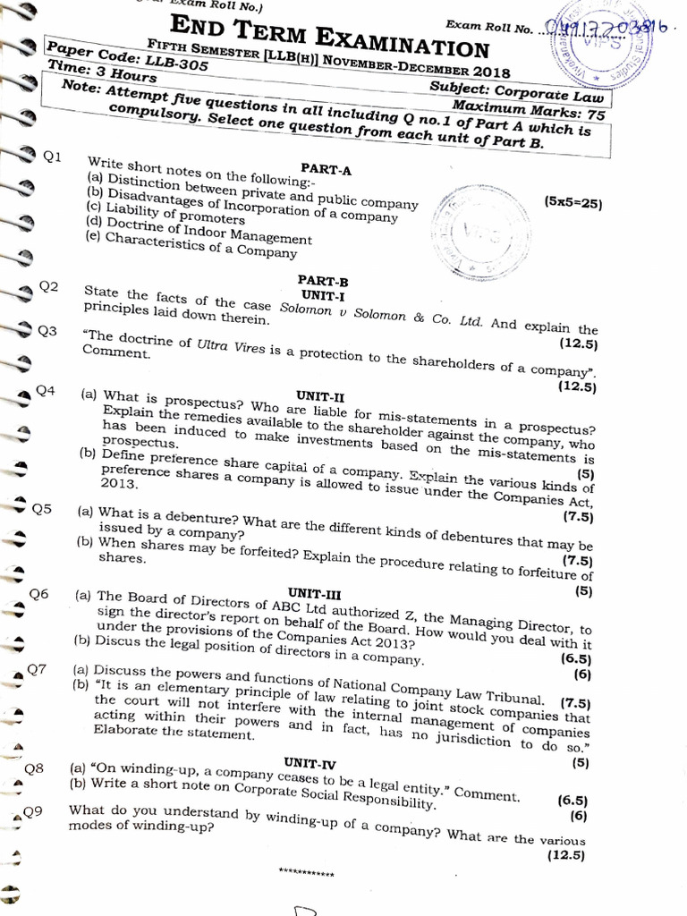 Corporate Law Previous Year Papers 5th Sem | PDF | Liquidation | Corporate Law