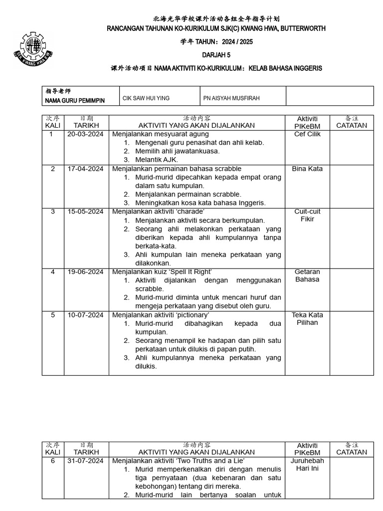 2024 Rancangan Tahunan Kelab Inggeris THN 5 | PDF