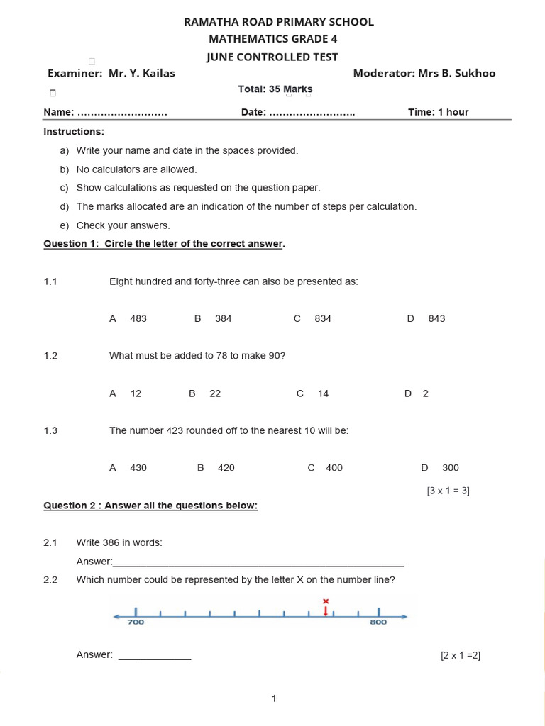 Grade 4 Maths Term 2 Exam | PDF | Numbers | Arithmetic