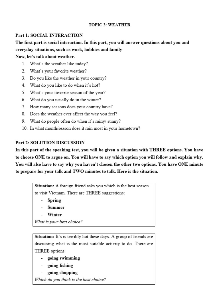 SPEAKING TOPIC 2 - WEATHER | PDF | Climate Change | Climate