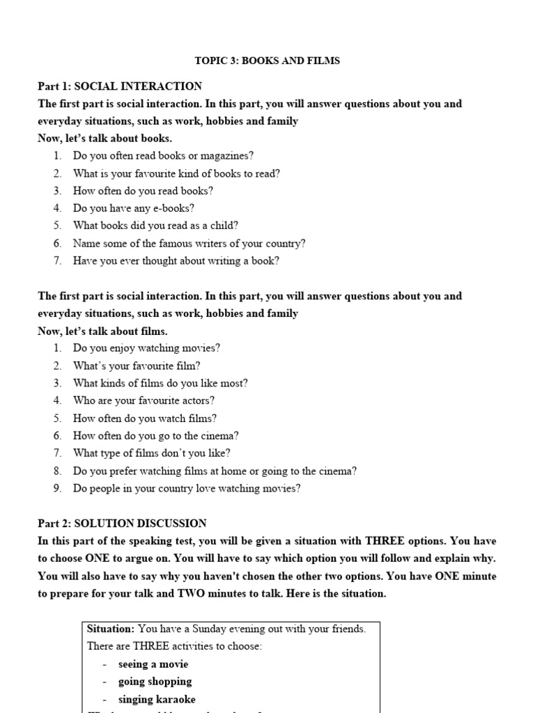 SPEAKING TOPIC 3 - BOOKS AND FILMS | PDF | Cognition | Behavioural Sciences