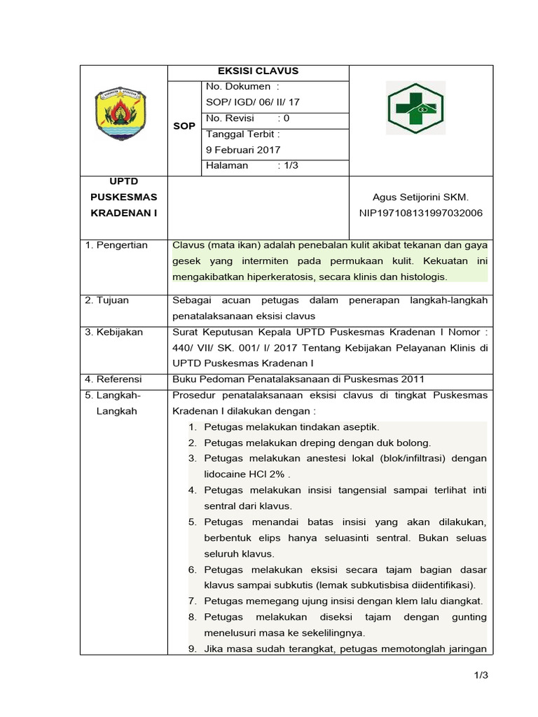 SOP Eksisi Clavus di Puskesmas | PDF
