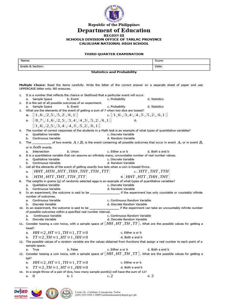 q3 Test Paper Stats and Prob | PDF | Probability Distribution ...