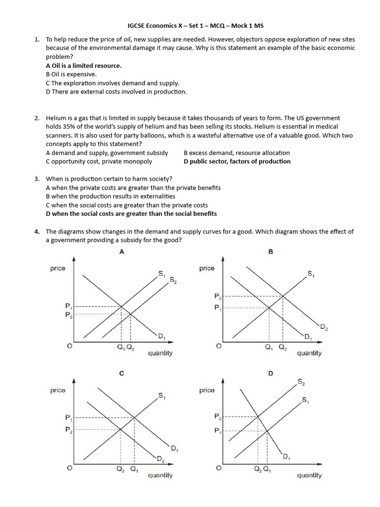 IGCSE - Mock 2 Econ Paper 1 MCQ MS | PDF | Demand | Supply (Economics)