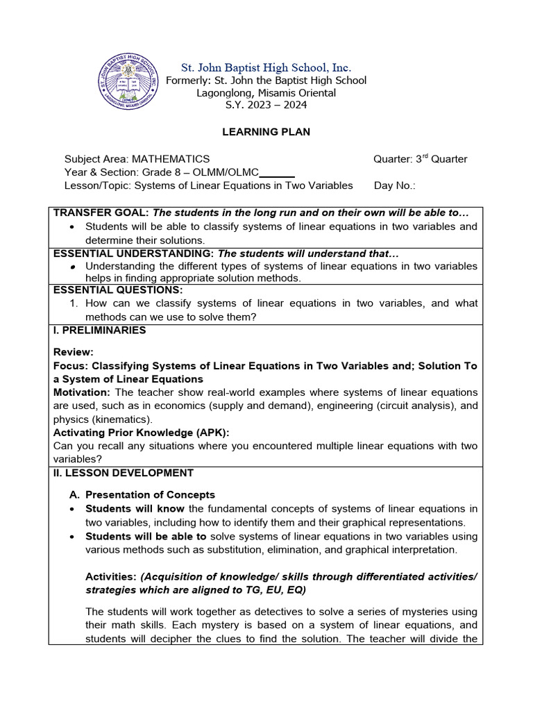 LP G8 Systems of Linear Equations in Two Variables | PDF | Equations ...