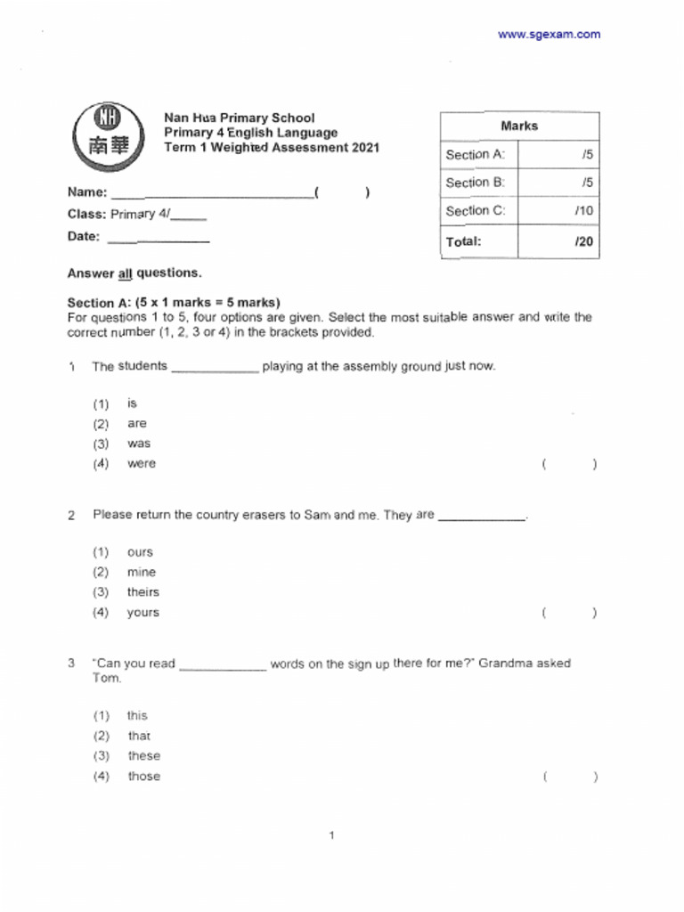 P4 English Exam Answers 2021 | PDF