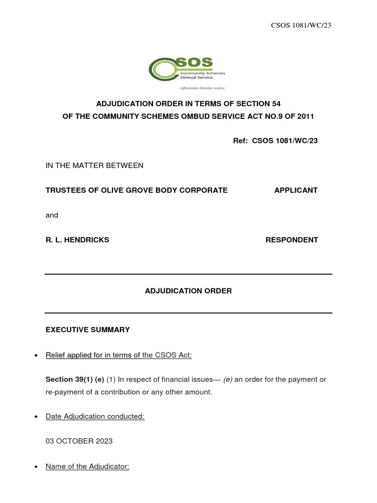 CSOS Adjudication: Olive Grove Levy Dispute | PDF | Adjudication | Interest