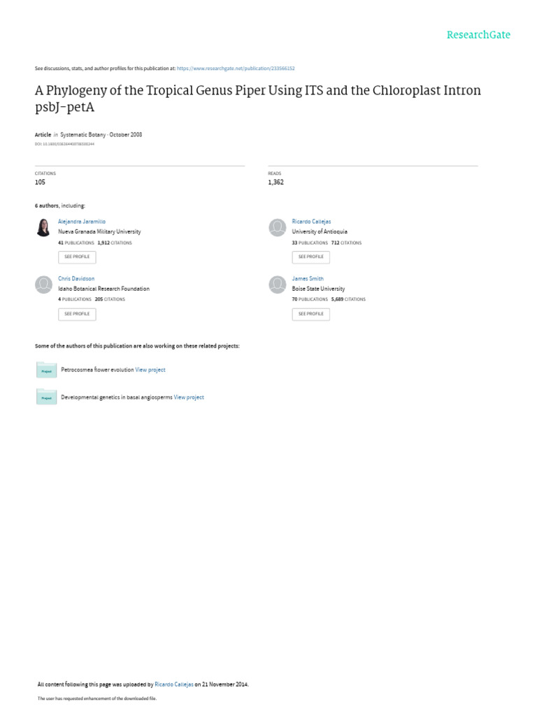 A Phylogeny of The Tropical Genus Piper Using ITS | PDF | Plants | Biology