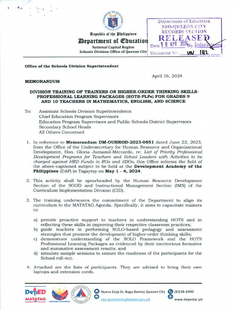 Division Training of Trainers On Higher Order Thinking Skills ...