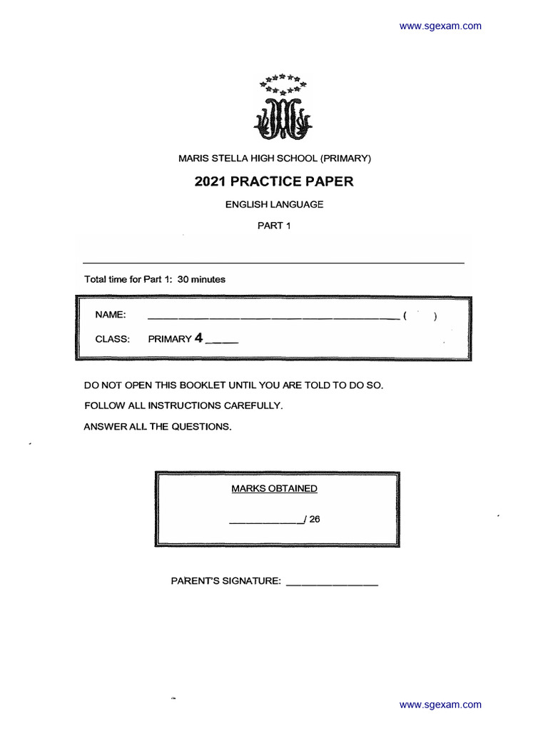 2021 Maris Stella Primary 4 English Exam | PDF