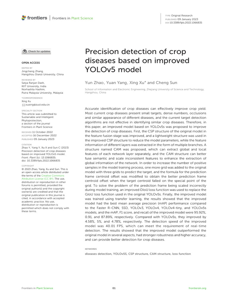 Precision Detection of Crop Diseases Based On Improved YOLOv5 Model | PDF