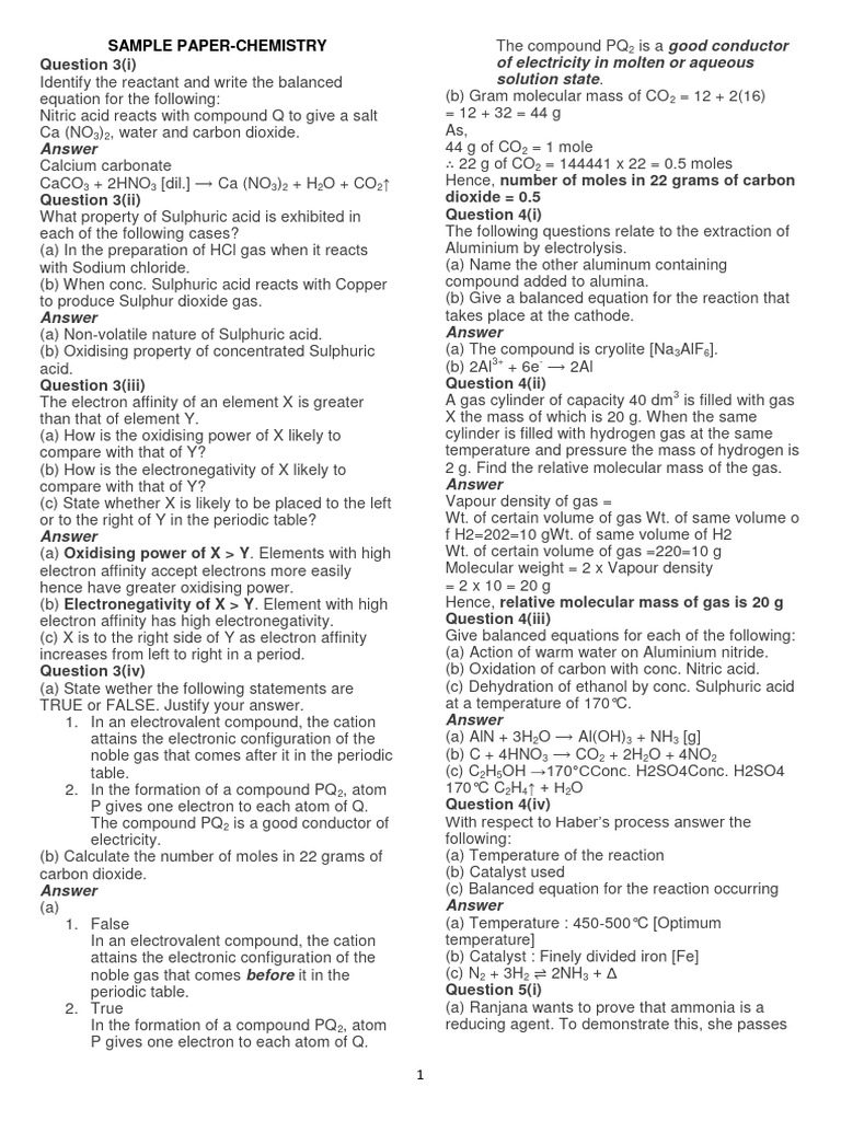 Sample Paper-Chemistry-8-12-2023 | PDF | Molecules | Hydroxide