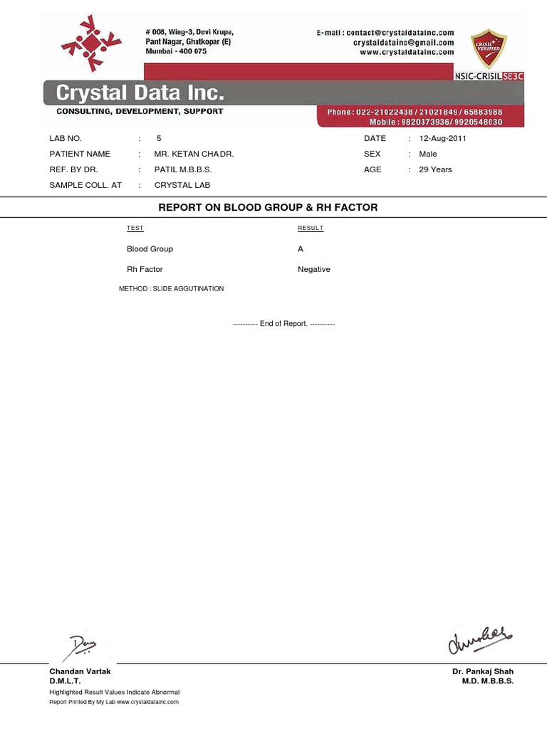 Report On Blood Group RH Factor Letterhead With Sign | PDF